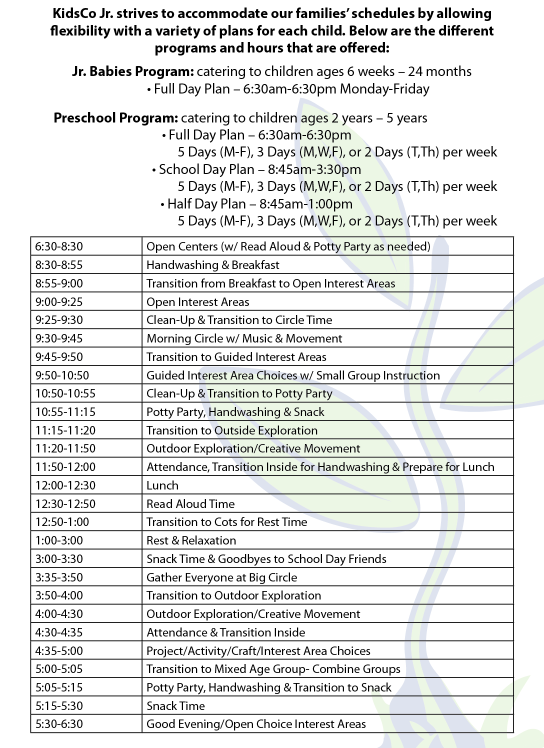 Daily Schedule | KidsCo Jr. | Preschool Care Services in Montgomery County