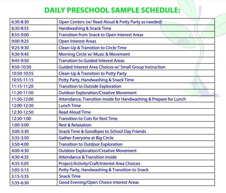 Daily Schedule - KidsCo Jr. | Preschool Care Services in Montgomery County